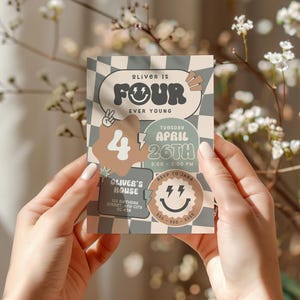 Editable Four Ever Young Fourth Birthday Invitation, Retro Checkered ...
