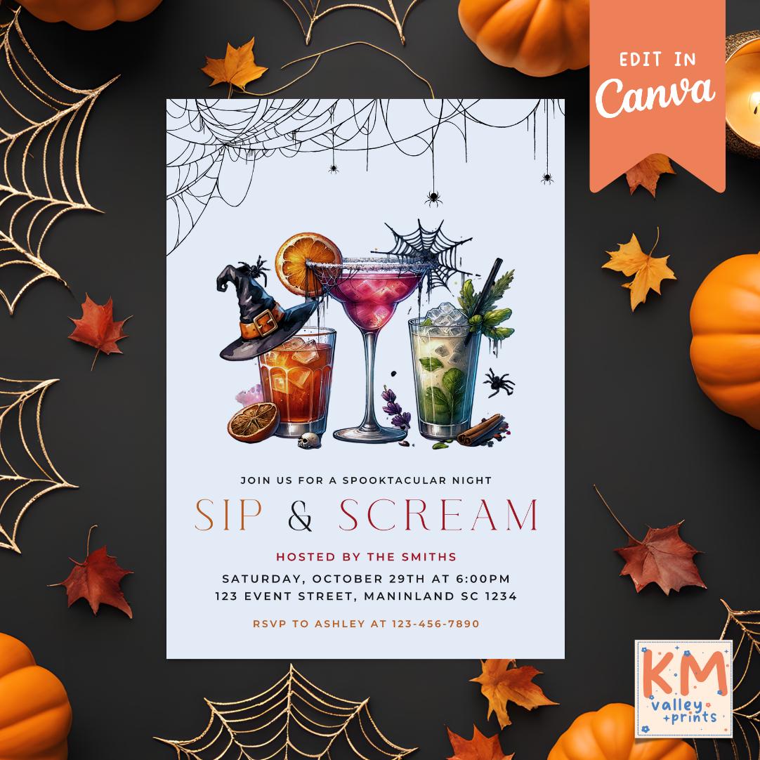 Sip and Scream Halloween Cocktails Party Invitation, Witch Gothic ...