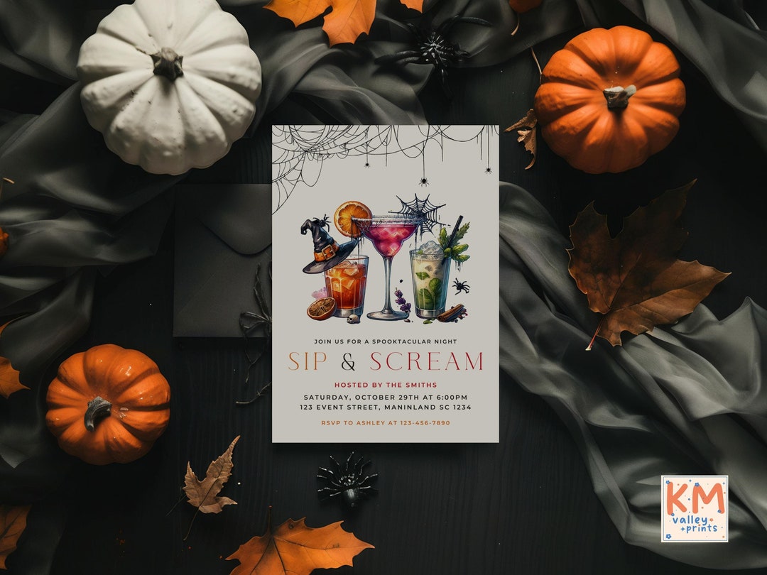 Sip and Scream Halloween Cocktails Party Invitation, Witch Gothic ...