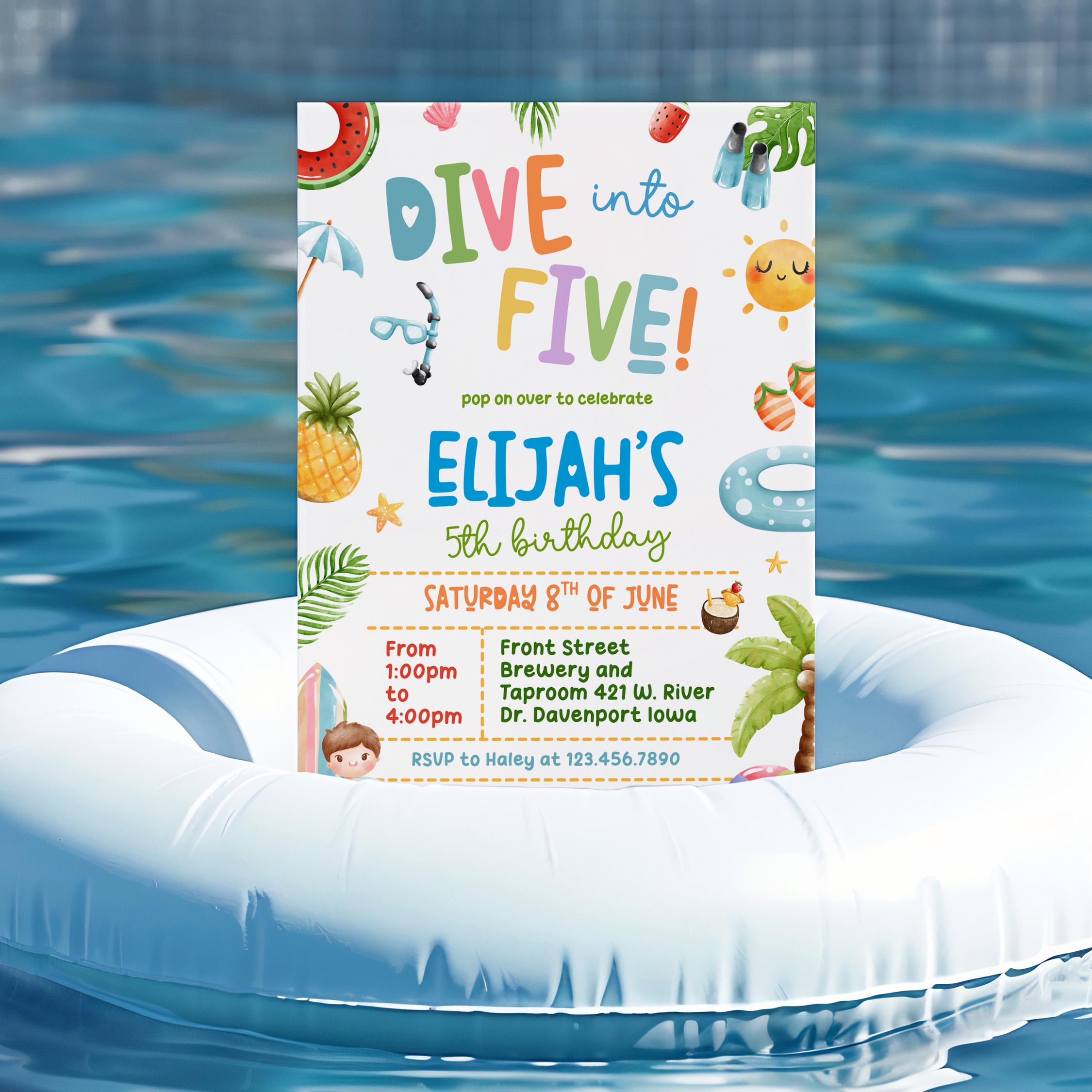 Dive Into Five Birthday Invitation 5th Birthday Invitations Boys Summer ...
