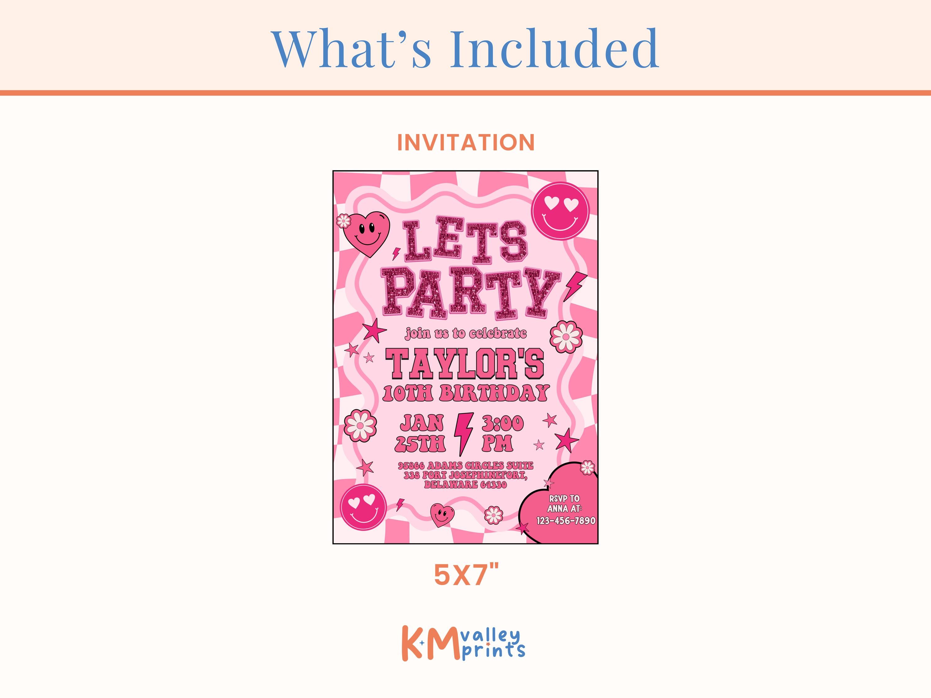 Preppy Smiley Invitation Pink Groovy Birthday Invite Patch Sequins ...