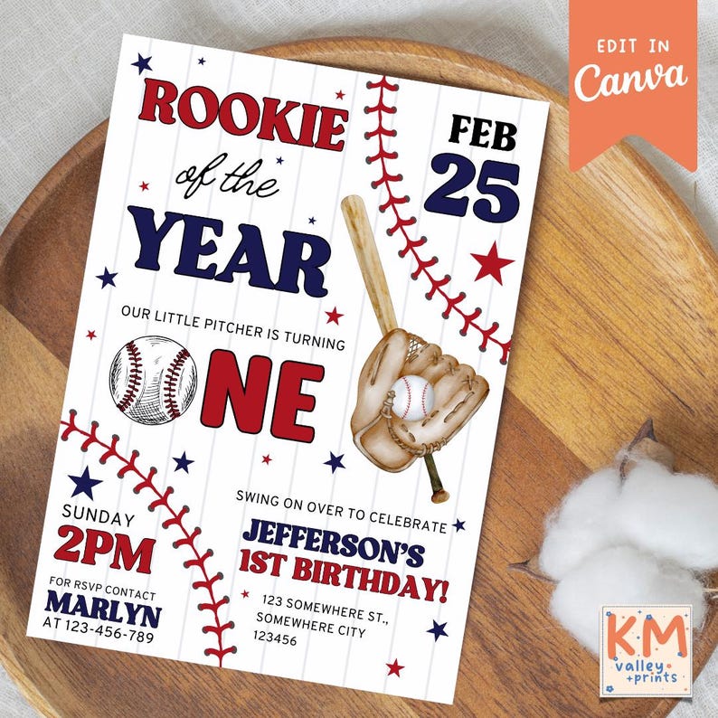 Baseball First Birthday Invitation, Rookie of the Year Invite, Baseball ...