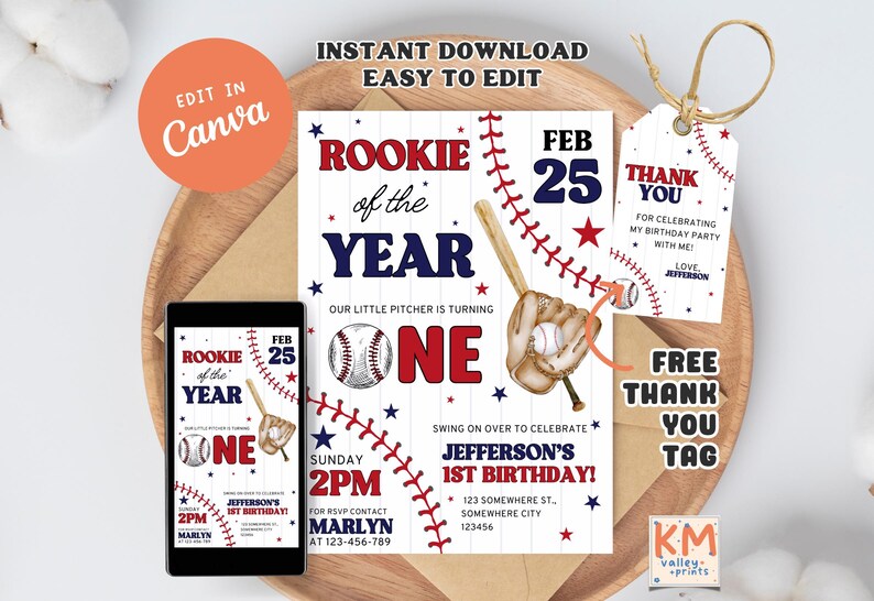 Baseball First Birthday Invitation, Rookie of the Year Invite, Baseball ...