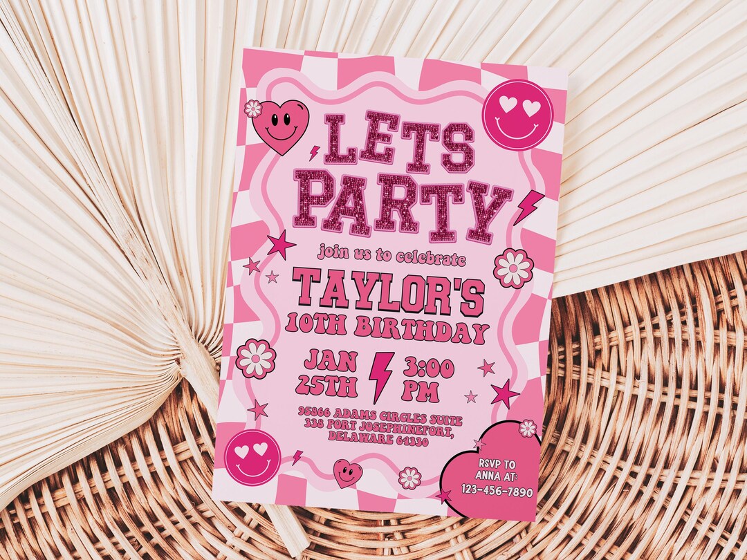 Preppy Smiley Invitation Pink Groovy Birthday Invite Patch Sequins ...