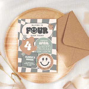 Editable Four Ever Young Fourth Birthday Invitation, Retro Checkered ...