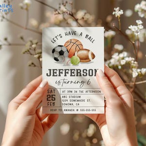 Ball Sports Birthday Party Invitation, Sports Theme Party, Basketball ...