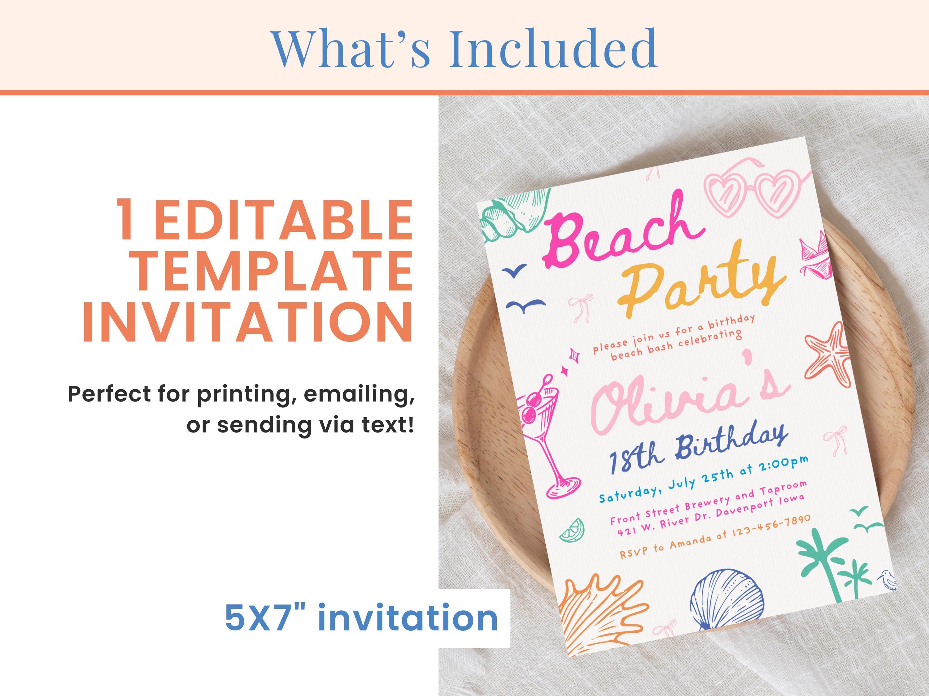 Hand Drawn Birthday Invite Beach Party Invitation Template for Any Age ...