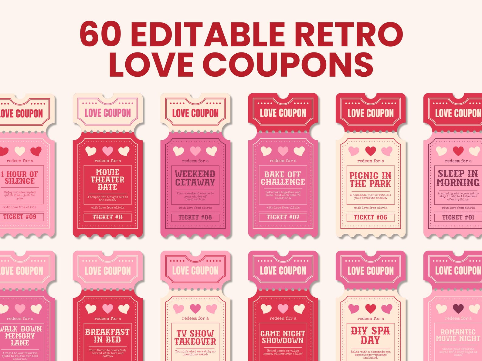 Retro Love Coupons Valentines Printable Love Coupons 60 Editable Retro ...