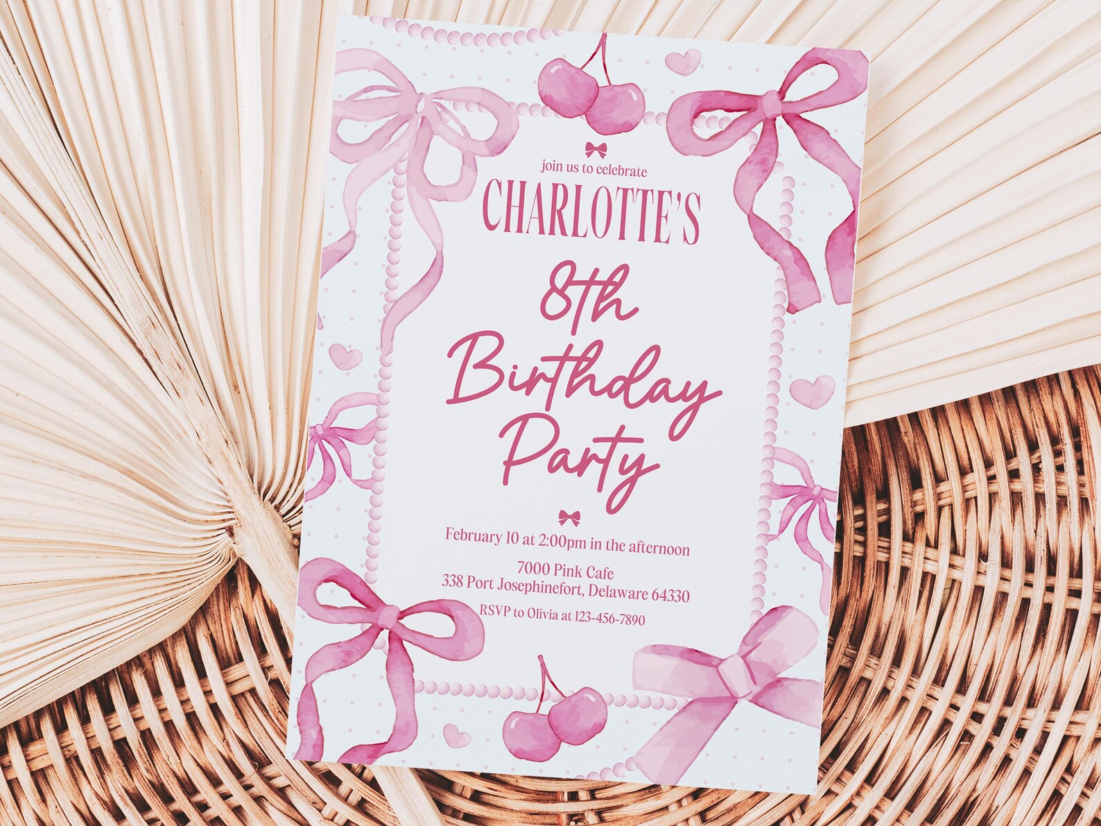Pink Bow Invitation Cherry Coquette Invite Cute Girly Birthday ...