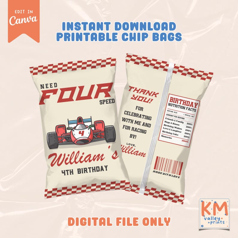 EDITABLE Race Car Chip Bag Template, Need FOUR Speed Chipbag, Birthday ...