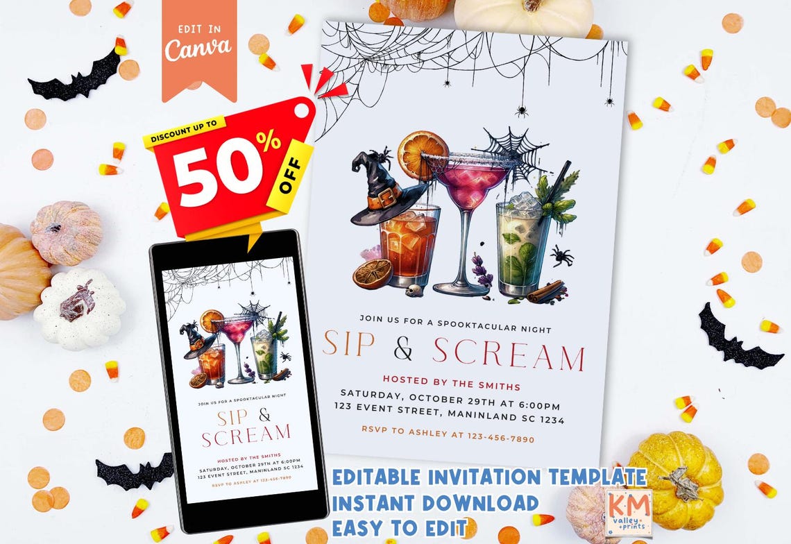 Sip and Scream Halloween Cocktails Party Invitation, Witch Gothic ...