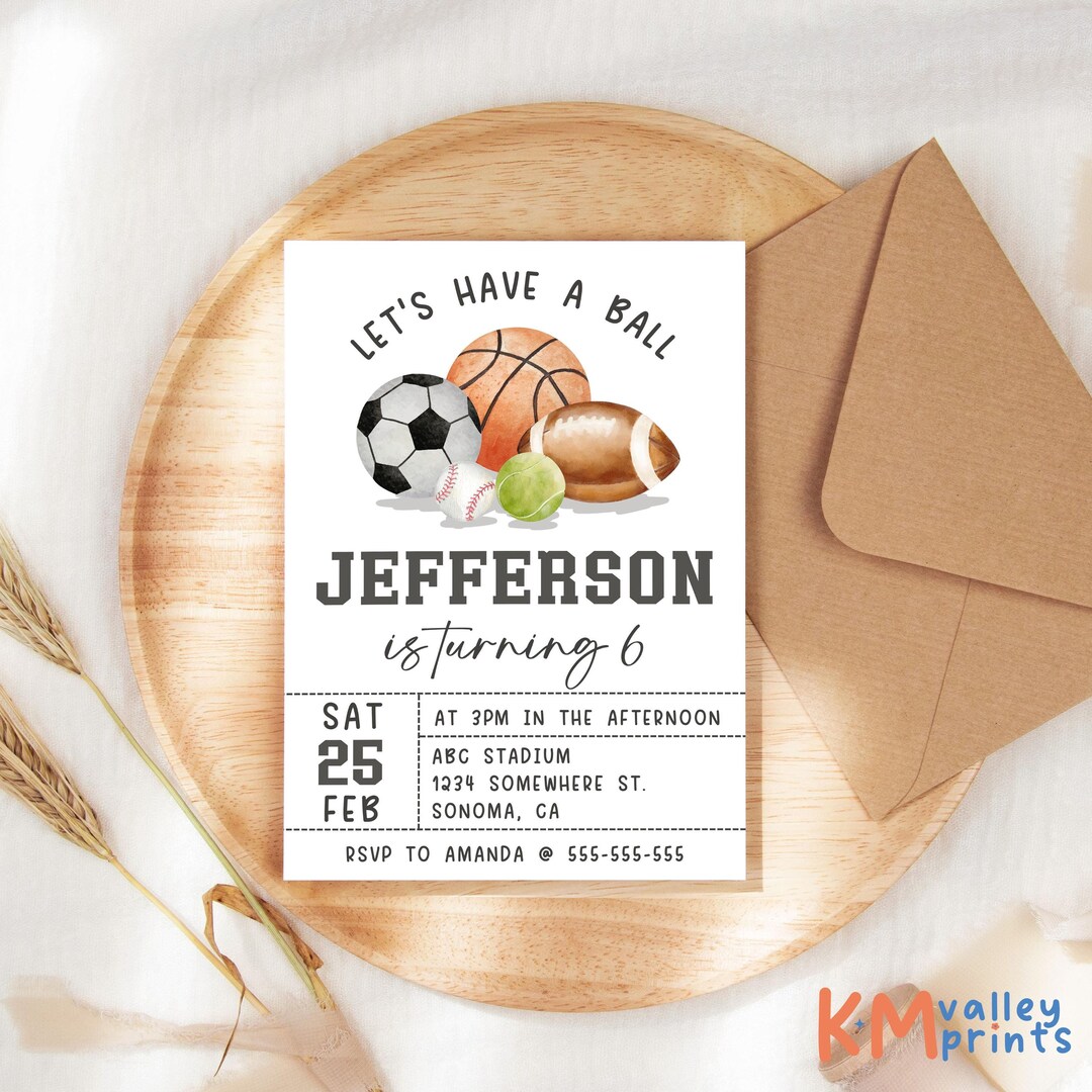 Ball Sports Birthday Party Invitation, Sports Theme Party, Basketball ...