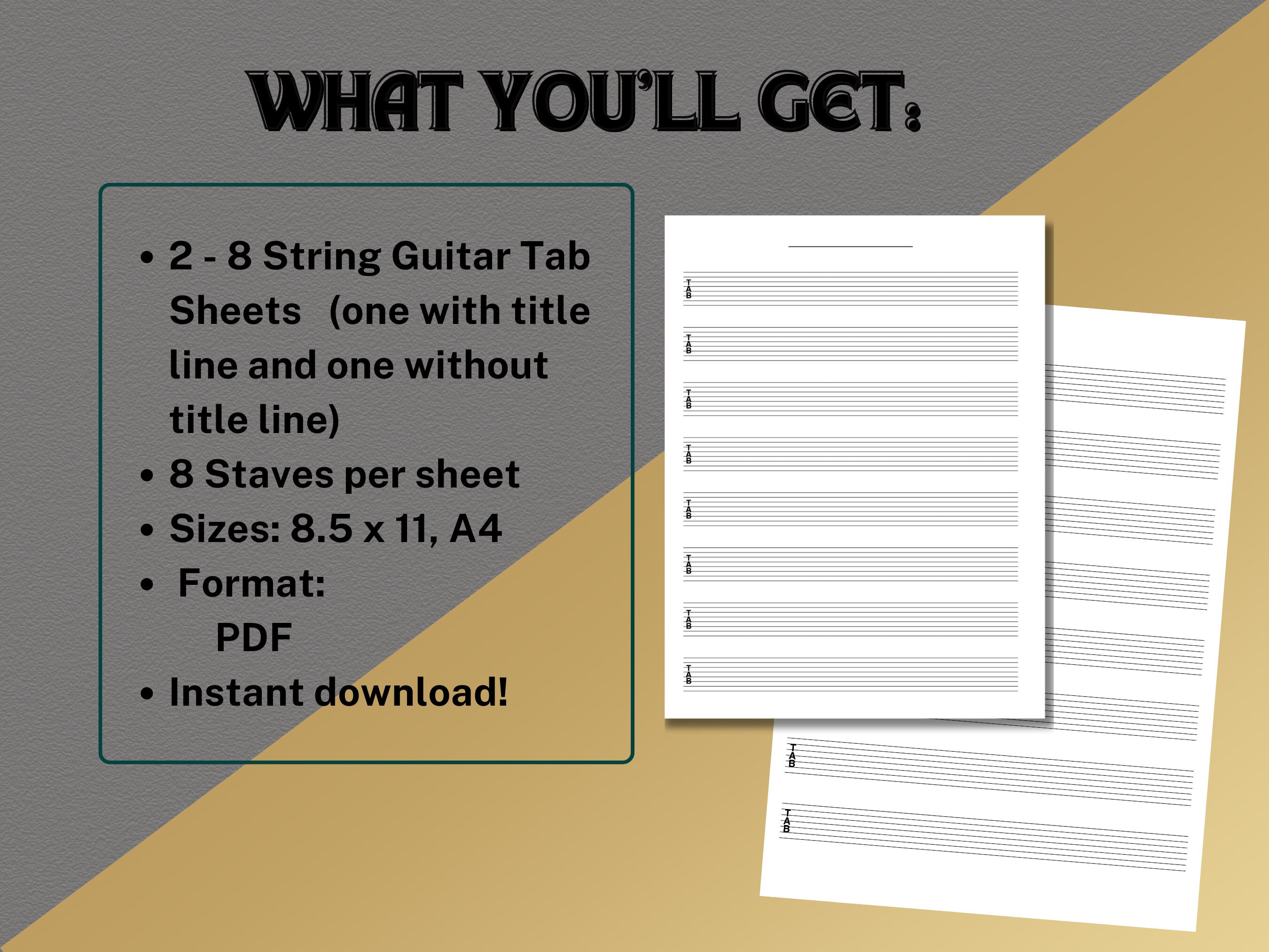 Blank 8 String Guitar Tab Paper, Music Sheets, Tablature, Electric ...