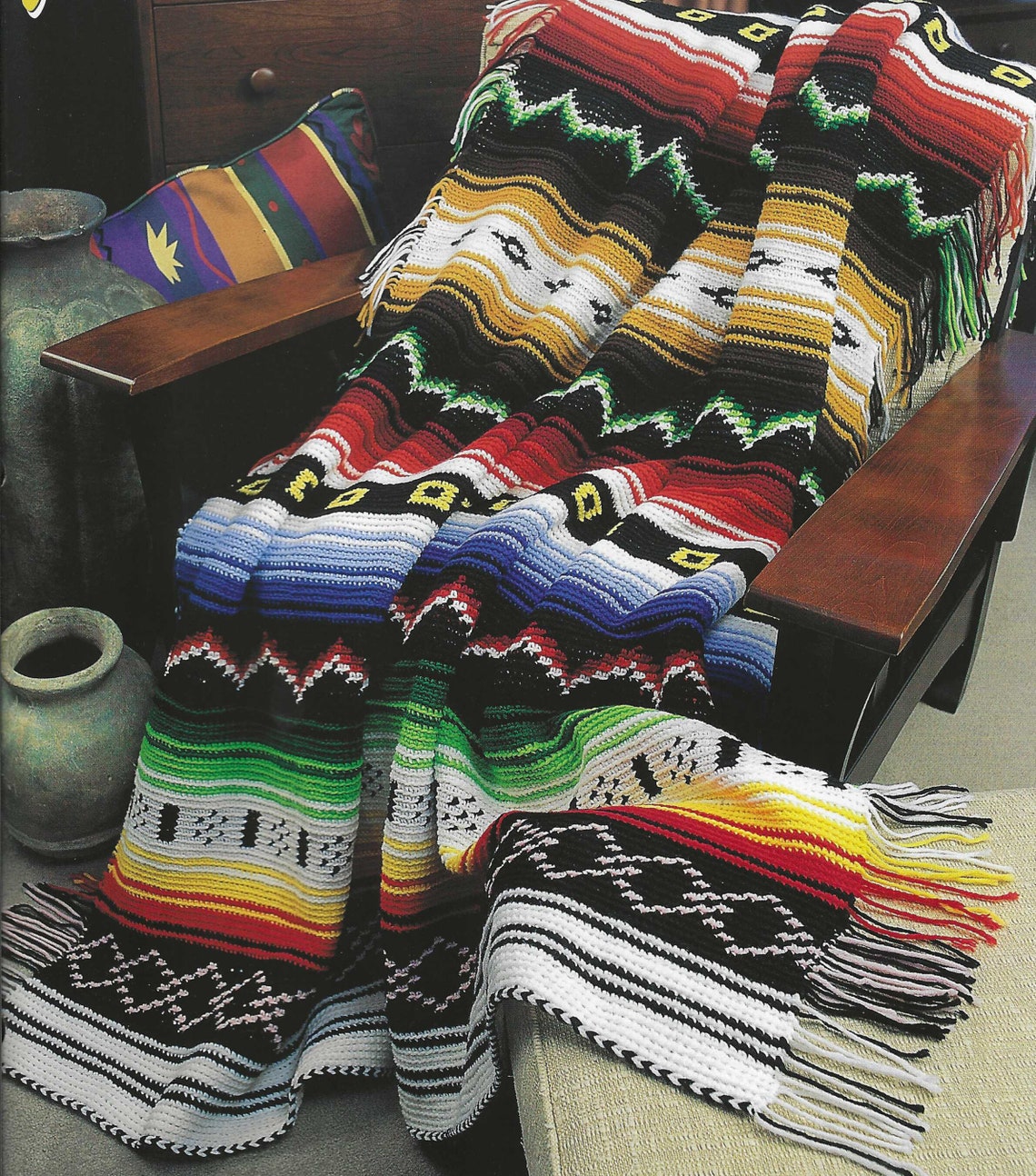 Crochet Southwestern Blanket Pattern, Colorful Aztec Afghan With Fringe ...