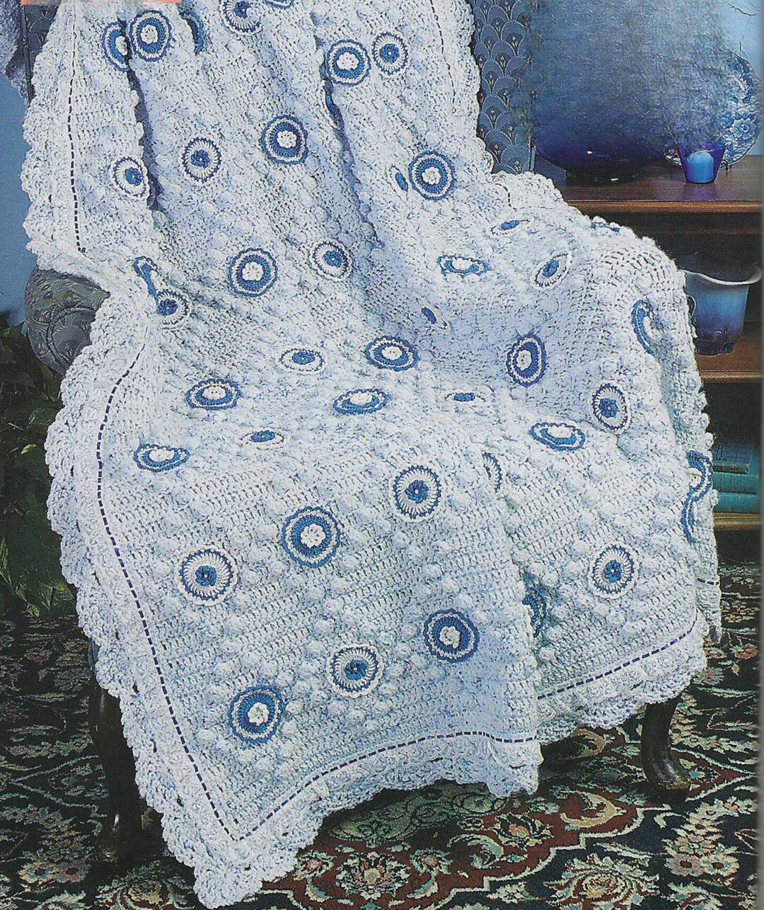 Diamond Popcorn Stitch Crochet Pattern Blanket Blue and White Afghan ...