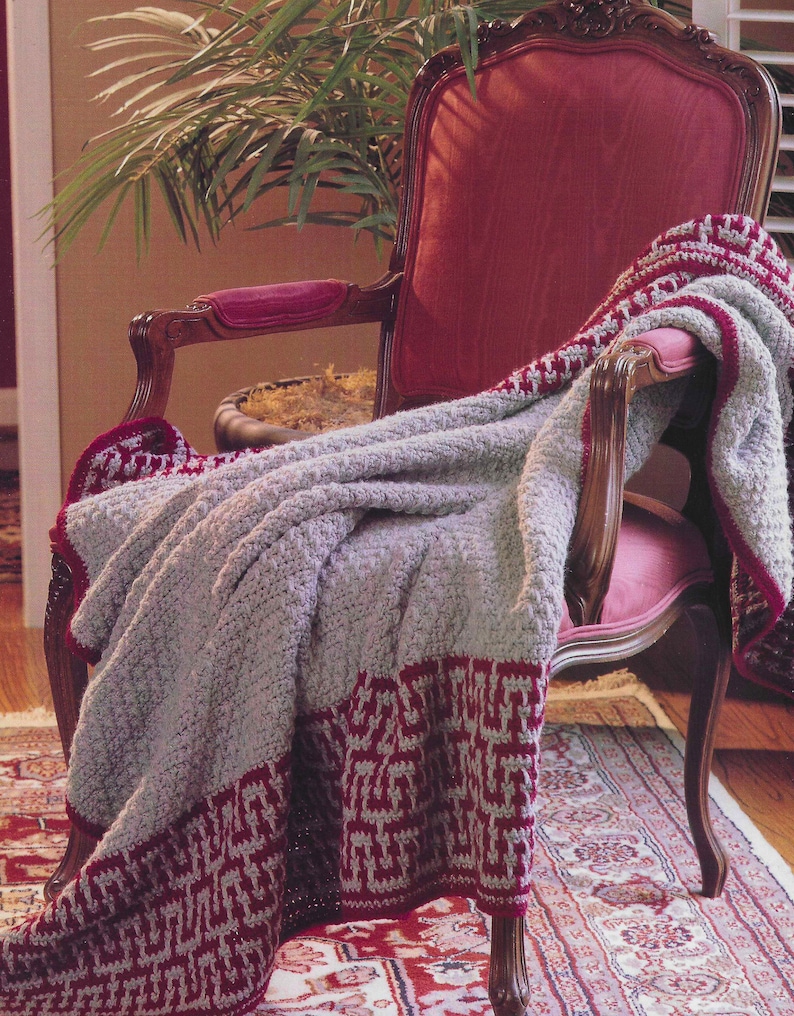 Greek Keys CROCHET PATTERN Mosaic Stitch Afghan Gray Red Manly Blanket ...
