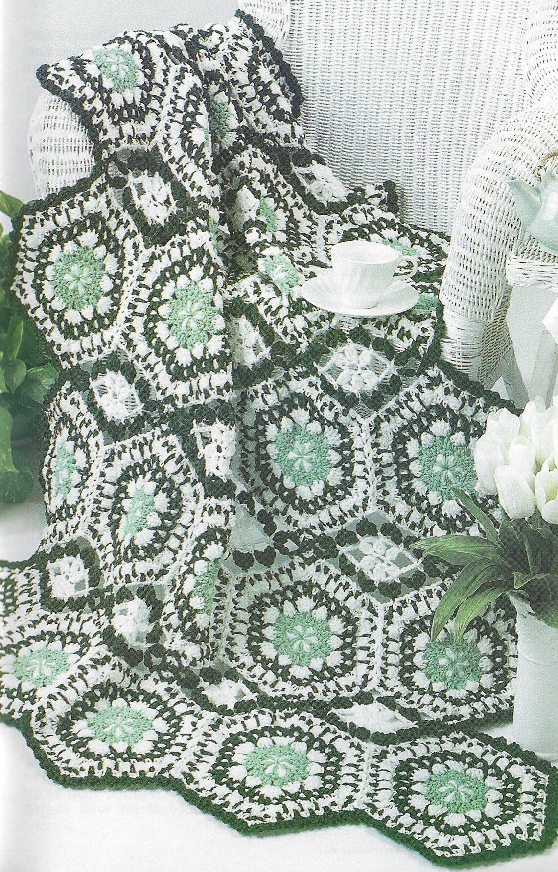 Floral Crochet Afghan PATTERN: Green & White Motif Blanket (PDF Pattern ...