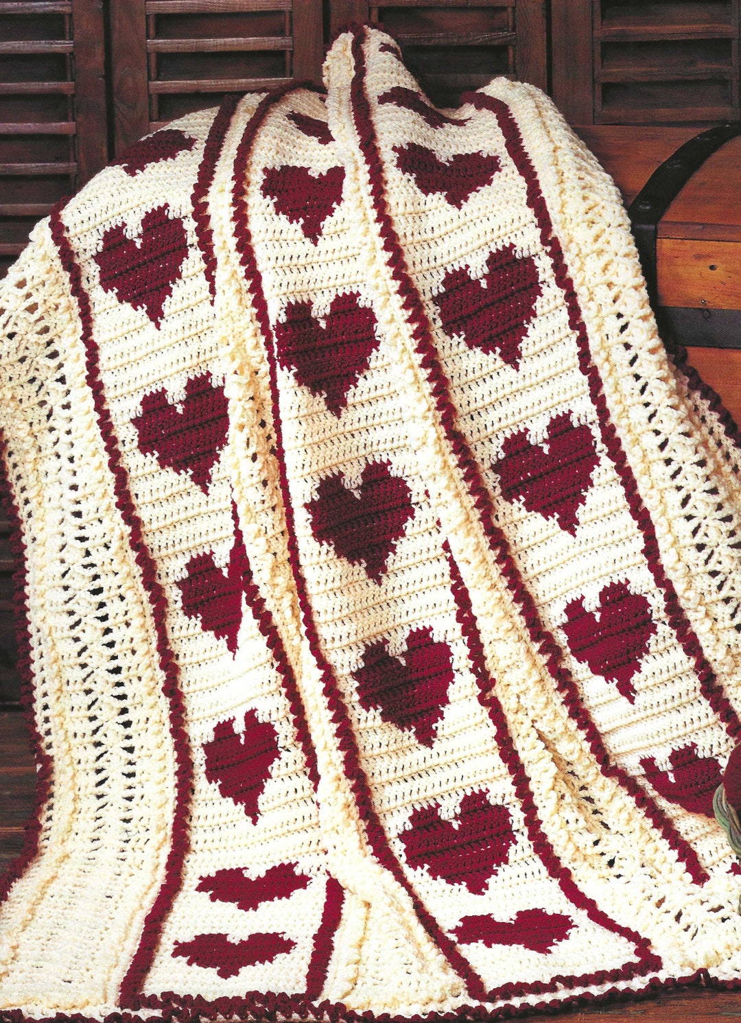 Red Hearts CROCHET PATTERN Blanket Red and White Afghan With Stripes ...