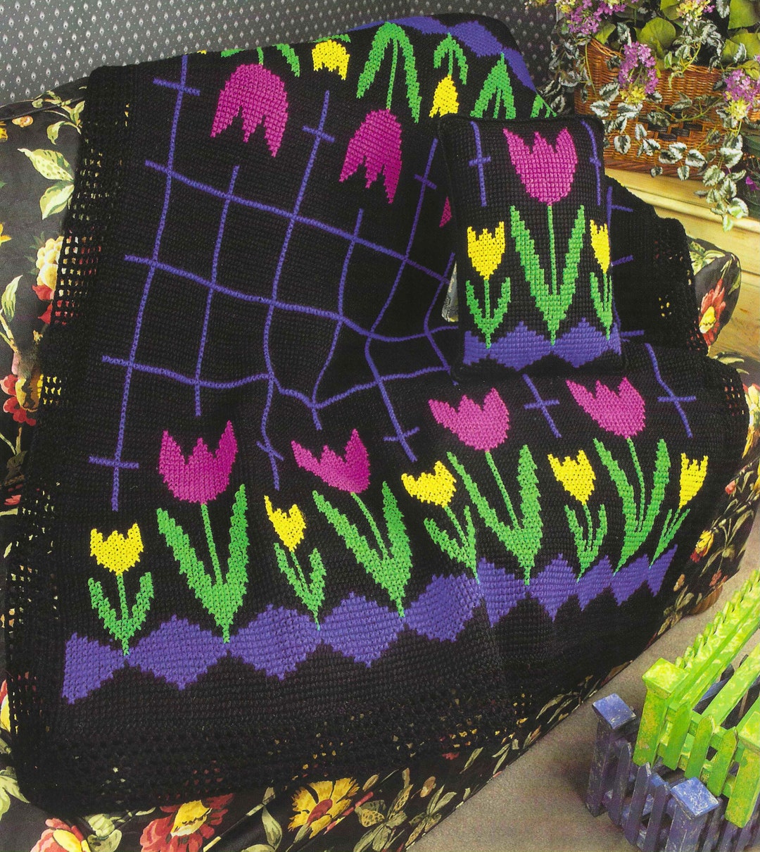 Tunisian Tulip Crochet Pattern Blanket and Pillow Floral Afghan ...