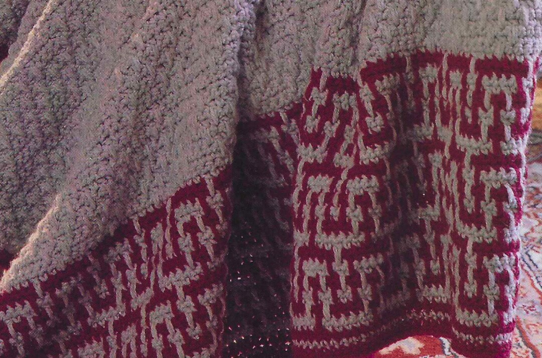Greek Keys CROCHET PATTERN Mosaic Stitch Afghan Gray Red Manly Blanket ...