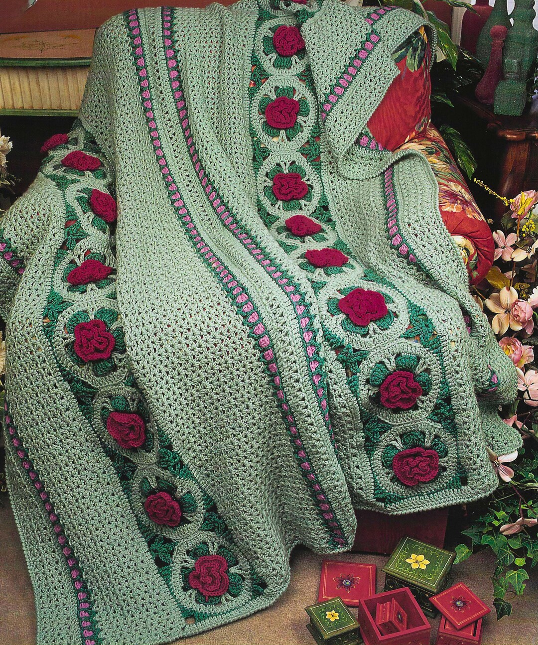 VINTAGE CROCHET PATTERN Blanket Summer Roses Red and Green Afghan Rose ...
