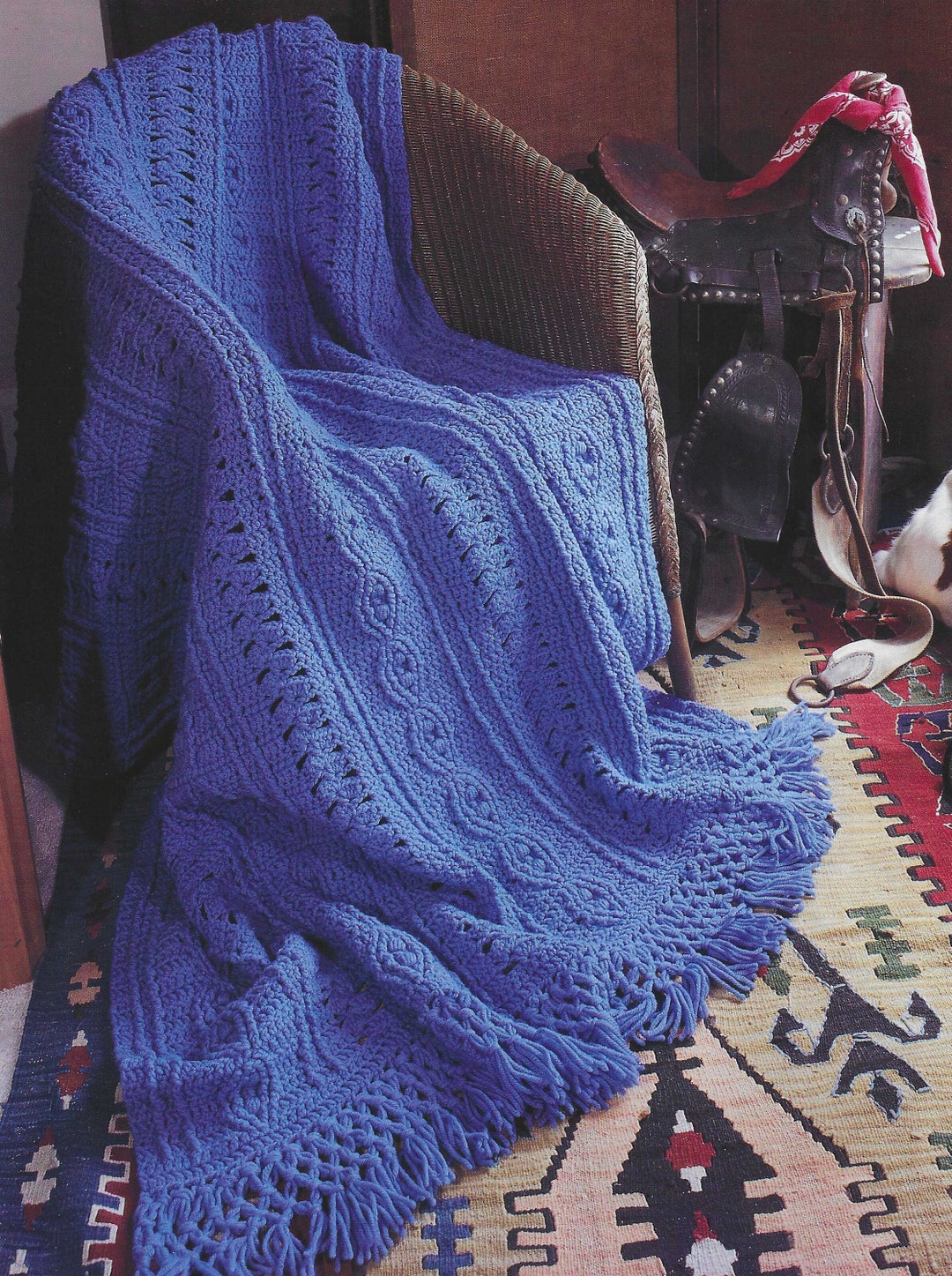 CROCHET PATTERN Blanket Cowboy Afghan Blue Vintage One Color Throw Post ...