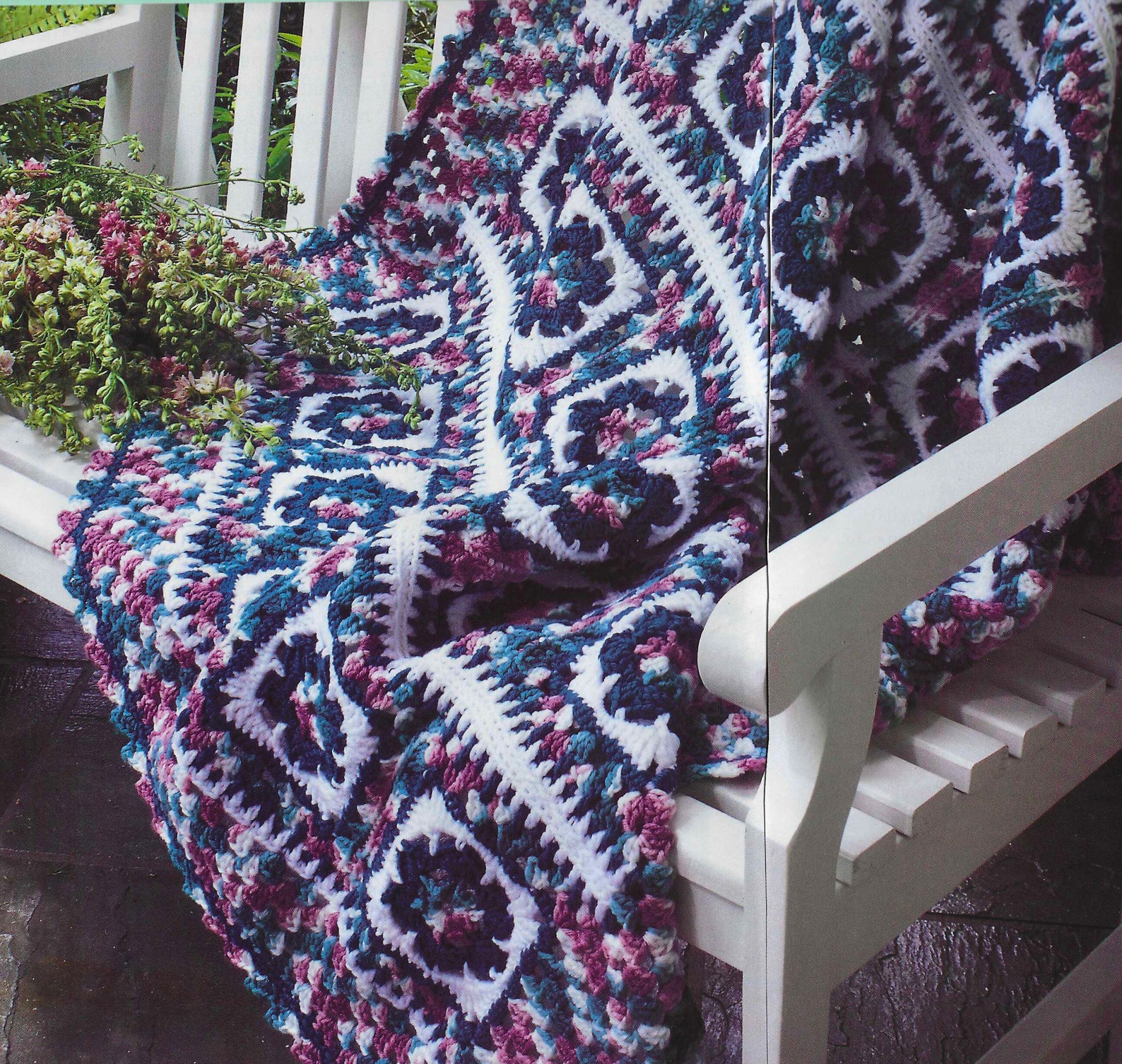 CROCHET PATTERN Block Afghan Pretty Rows of Flowers Vintage 90s Blanket ...