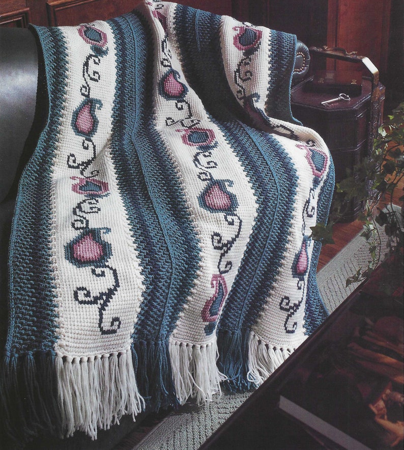 Tunisian CROCHET PATTERN Paisley Afghan Green White Blanket Vintage 90s ...