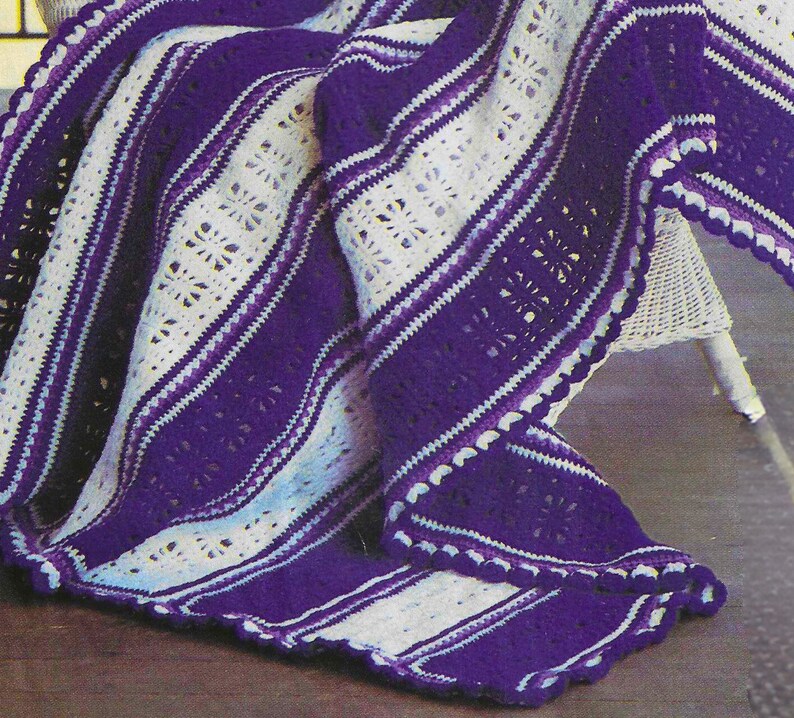 Blanket Crochet Pattern Panel Style Throw Vintage 90s Afghan Purple ...