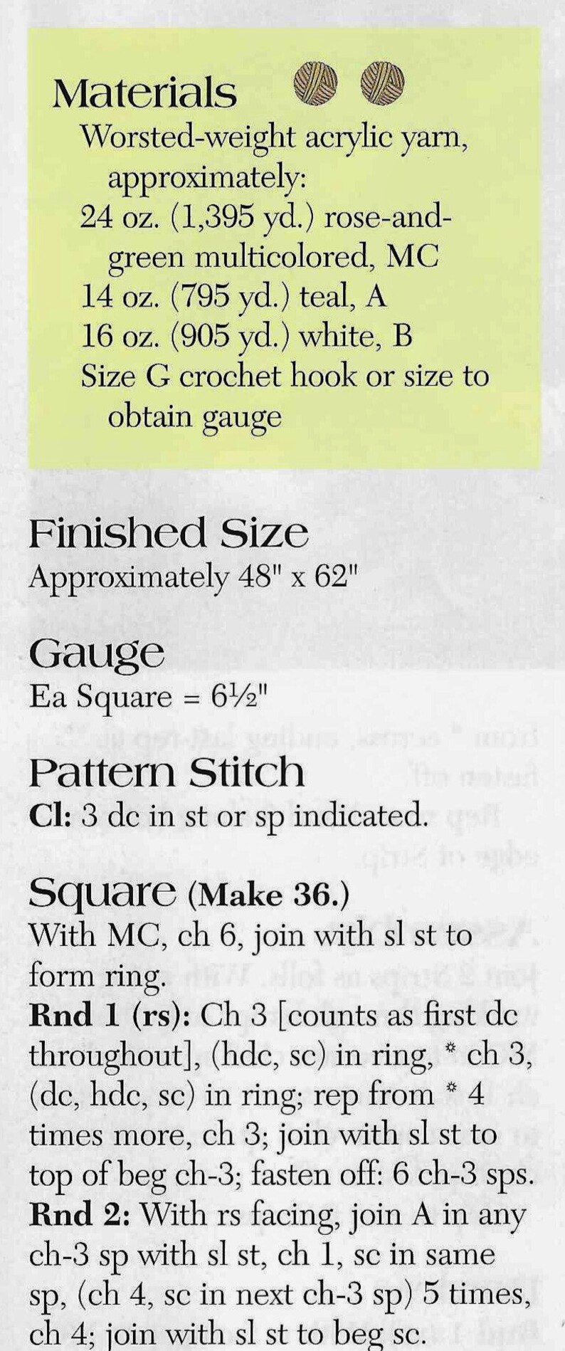 CROCHET PATTERN Block Afghan Pretty Rows of Flowers Vintage 90s Blanket ...