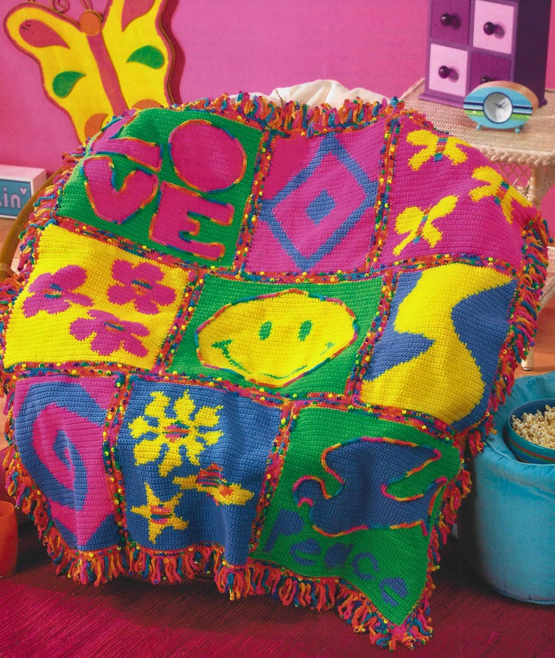 Vintage Crochet Afghan PATTERN With Beads and Fringe Fun Kids Blanket ...