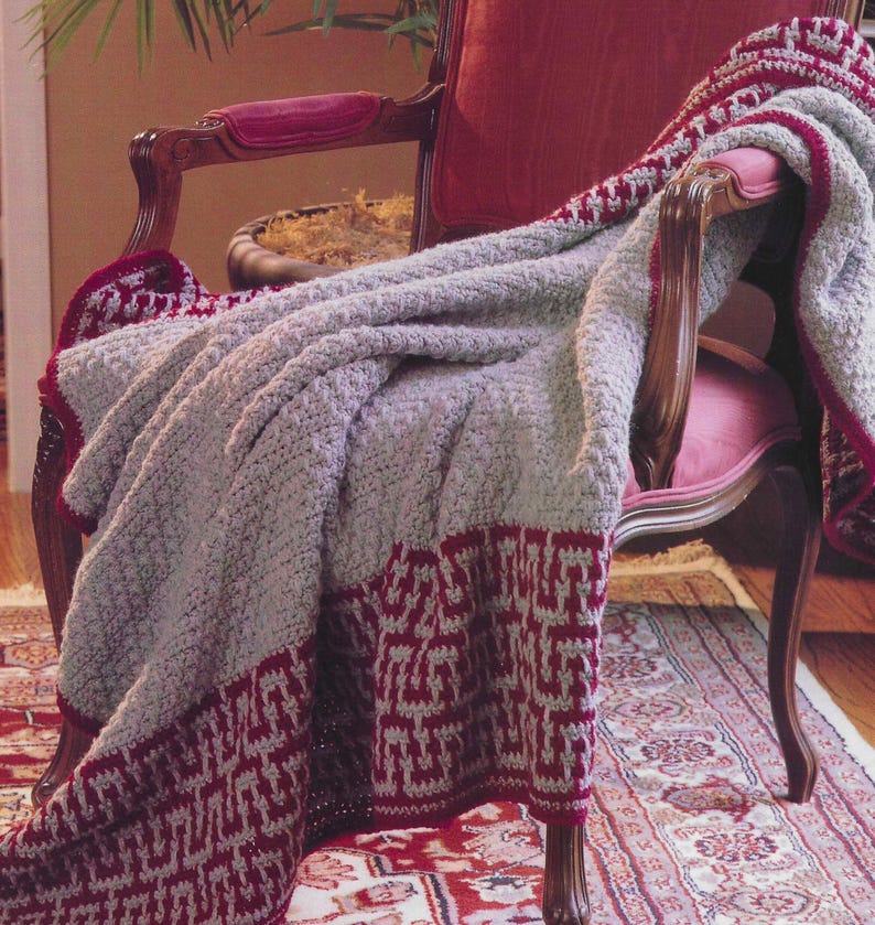Greek Keys CROCHET PATTERN Mosaic Stitch Afghan Gray Red Manly Blanket ...