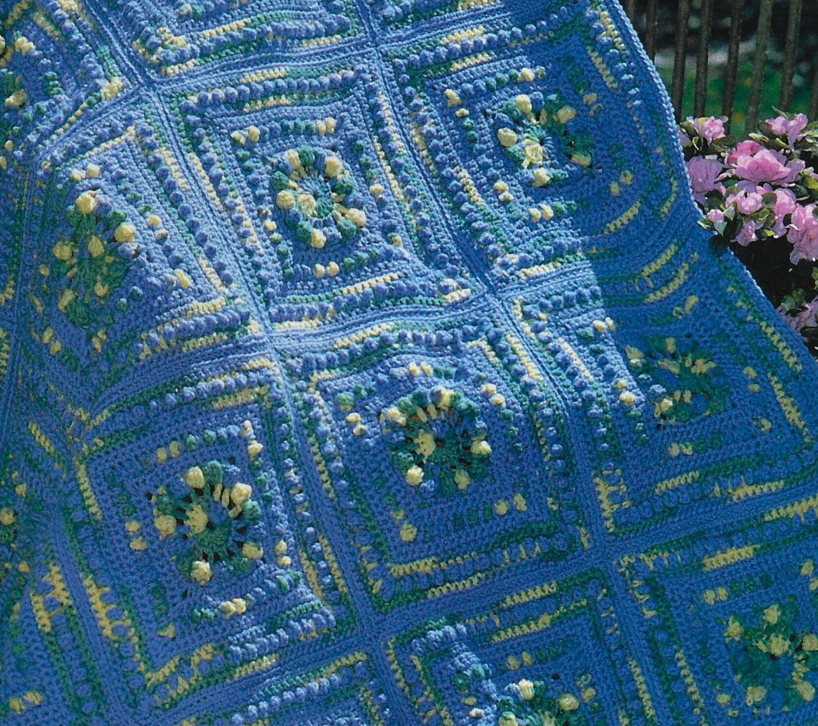 CROCHET PATTERN Afghan in Blue and Yellow Motifs Using a Puff Stitch ...