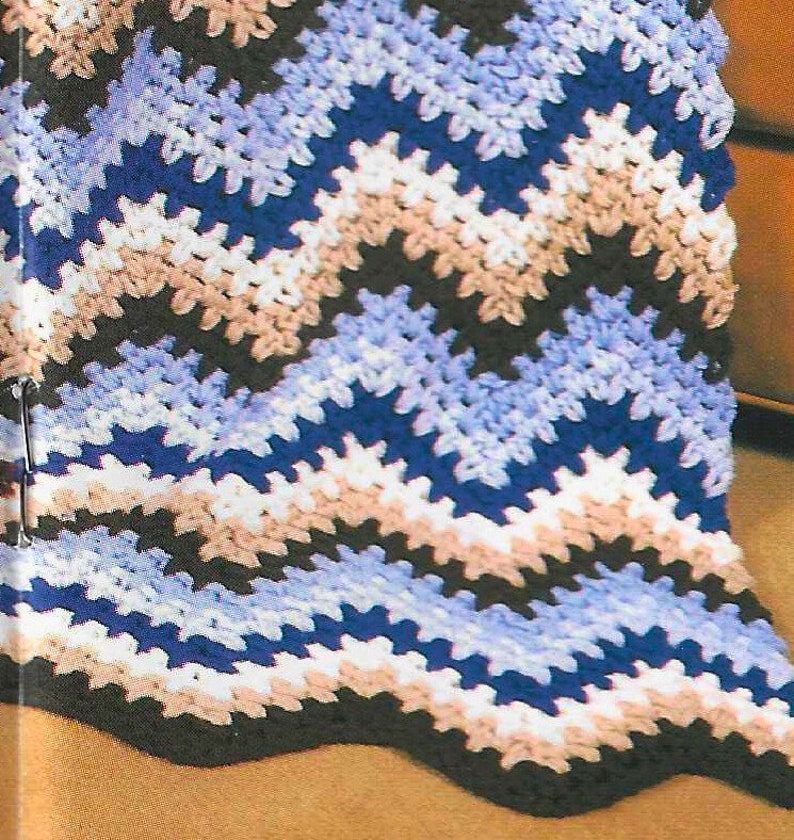 CROCHET PATTERN Ripple Afghan Wavy Pattern Throw Zig-zag Blanket Blue White Tan Color Vintage ...
