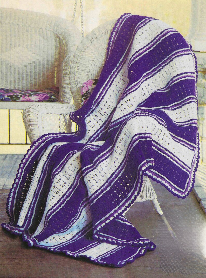 Blanket Crochet Pattern Panel Style Throw Vintage 90s Afghan Purple ...