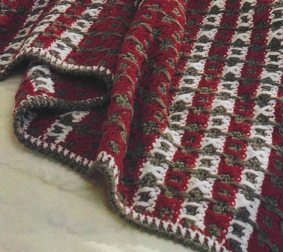 Vintage Mosaic Crochet Blanket PATTERN: Manly Afghan, Red Gray White ...