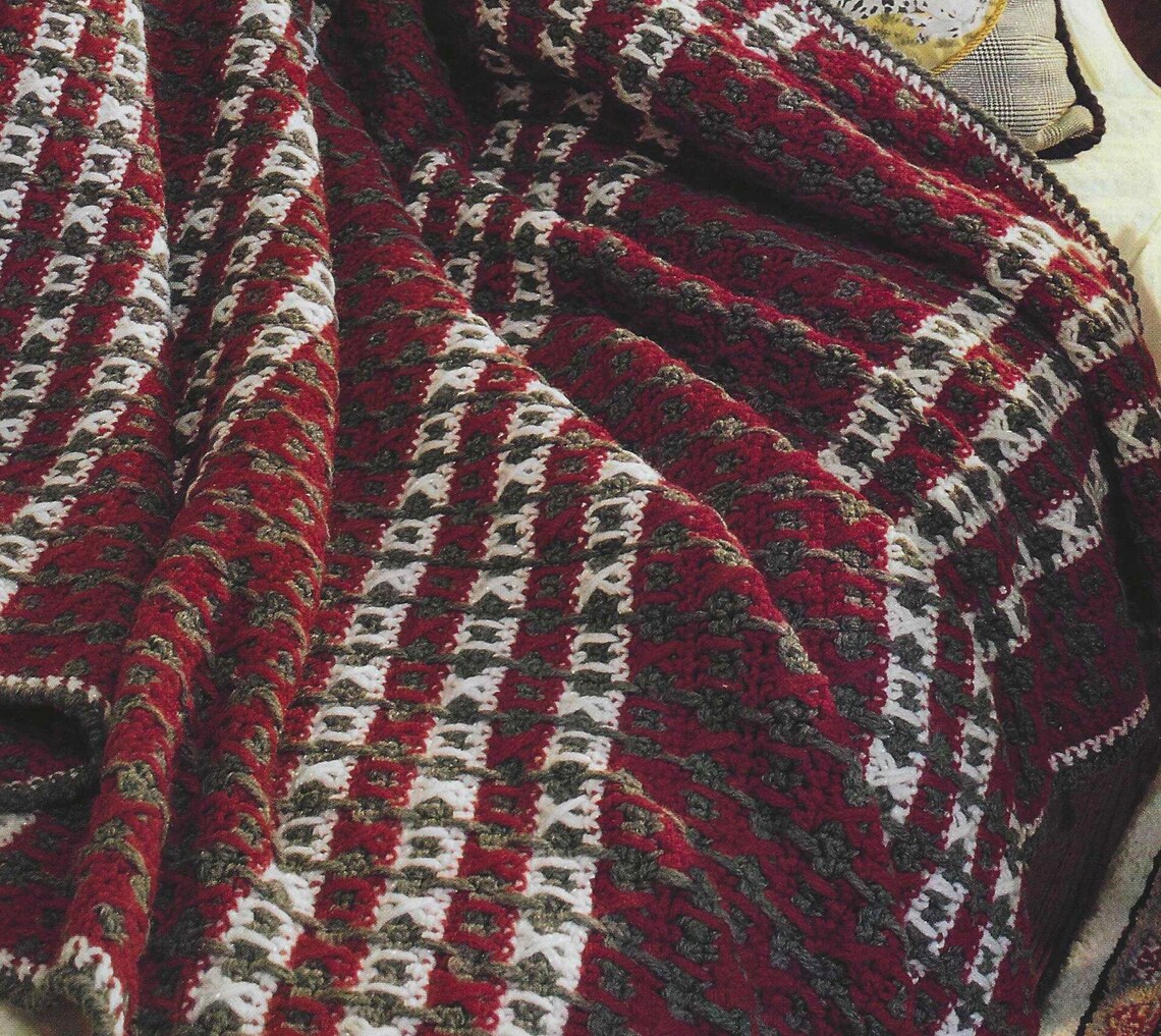 Vintage Mosaic Crochet Blanket PATTERN: Manly Afghan, Red Gray White ...