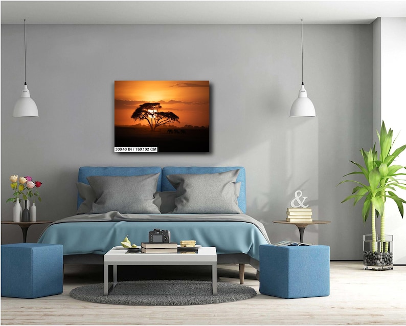 Amboseli Park Sunset Print, Acacia Tree and Wildlife (kenya Landscape ...