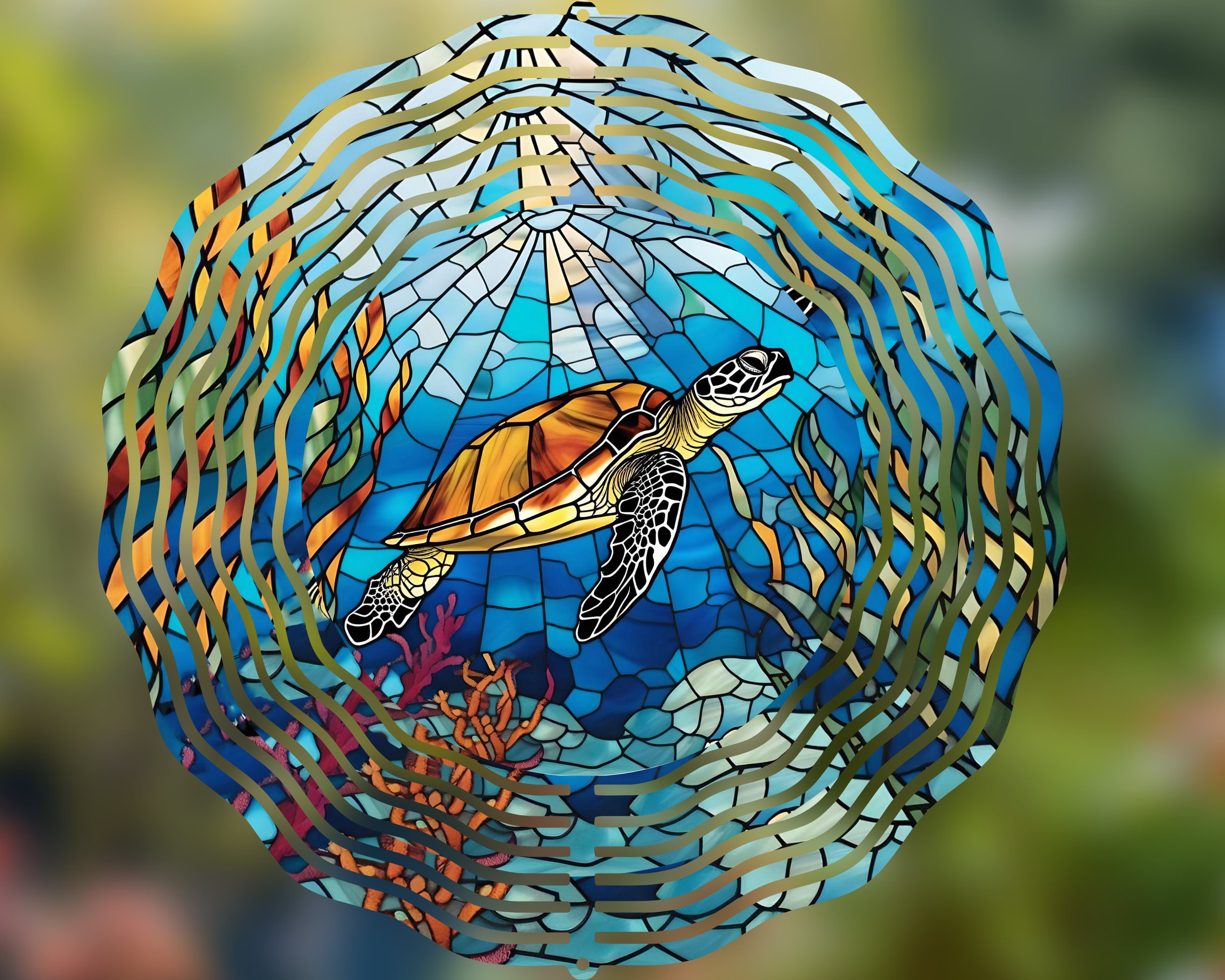 Vibrant Stained Glass Sea Turtle Wind Spinner Metal Nautical Garden Art ...