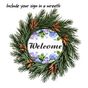 Hydrangea Welcome Door Sign, Floral Door Hanger, Flower Wreath Sign ...
