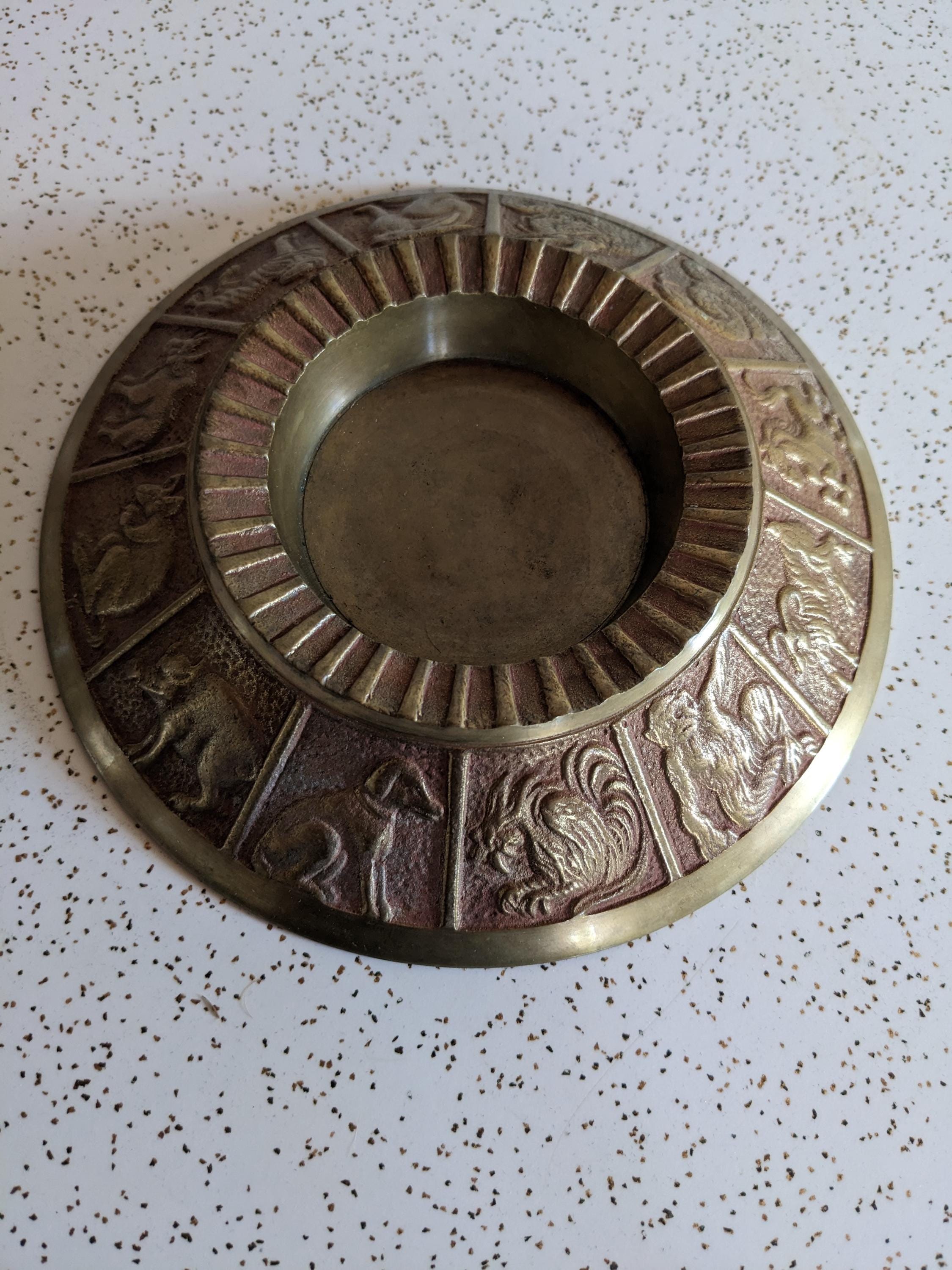 Large Vintage Brass Chinese Zodiac Ashtray - Pillar Candle Holder ...