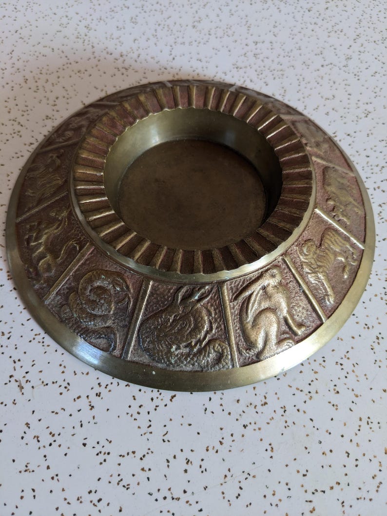 Large Vintage Brass Chinese Zodiac Ashtray - Pillar Candle Holder ...