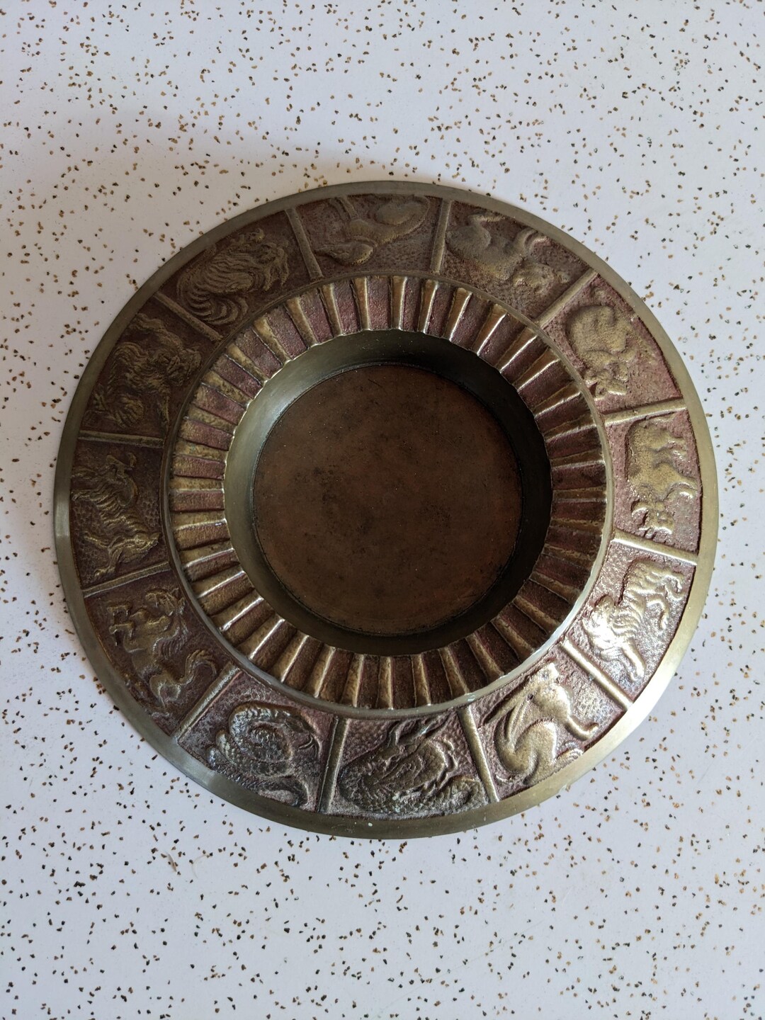 Large Vintage Brass Chinese Zodiac Ashtray - Pillar Candle Holder ...