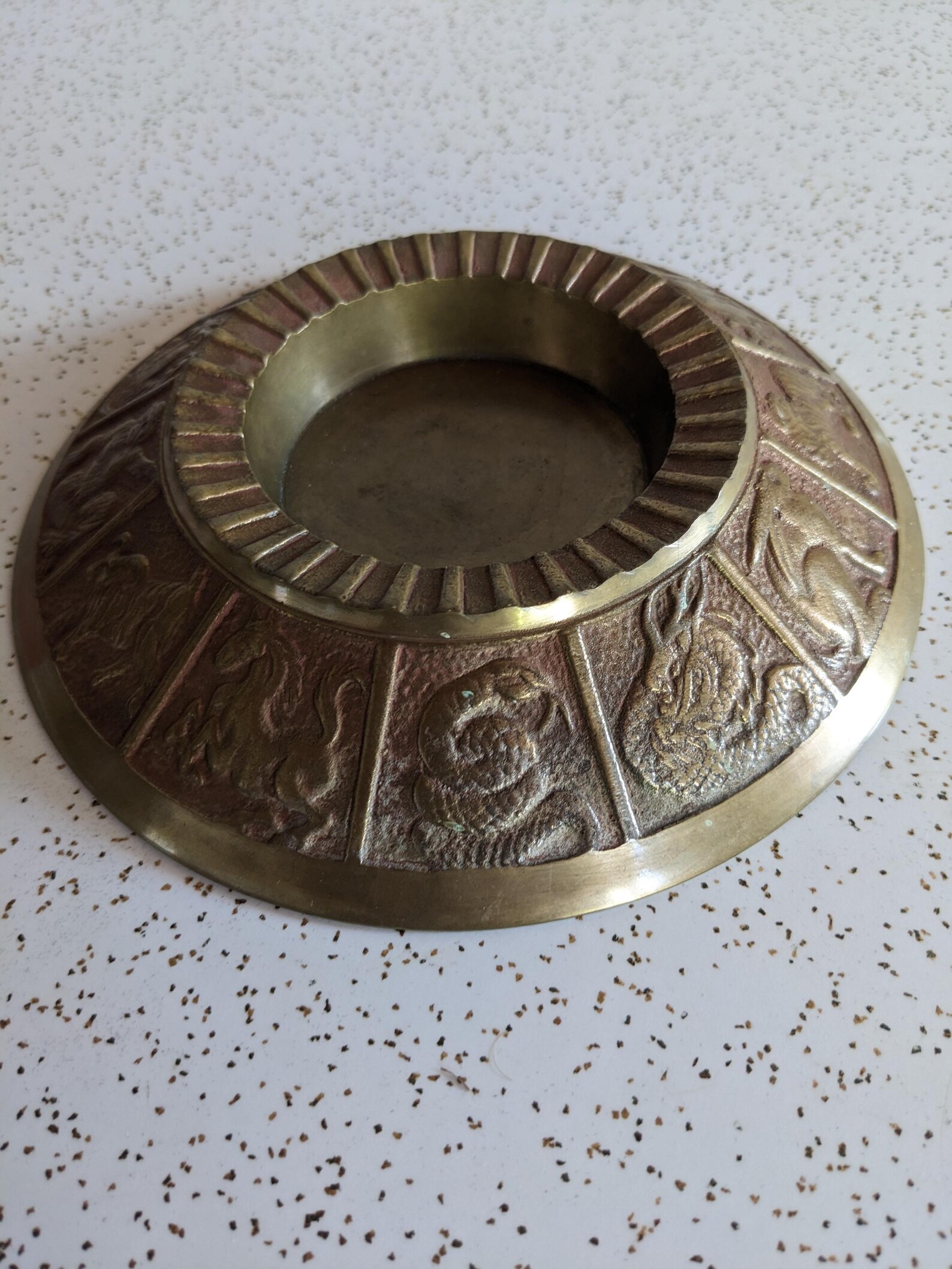 Large Vintage Brass Chinese Zodiac Ashtray - Pillar Candle Holder ...