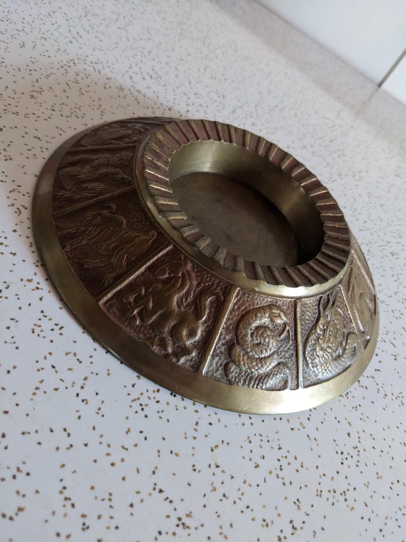 Large Vintage Brass Chinese Zodiac Ashtray - Pillar Candle Holder ...