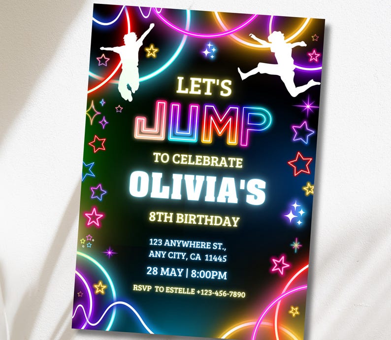 Neon Trampoline Park Birthday Invitation, Editable Jump Party (canva ...
