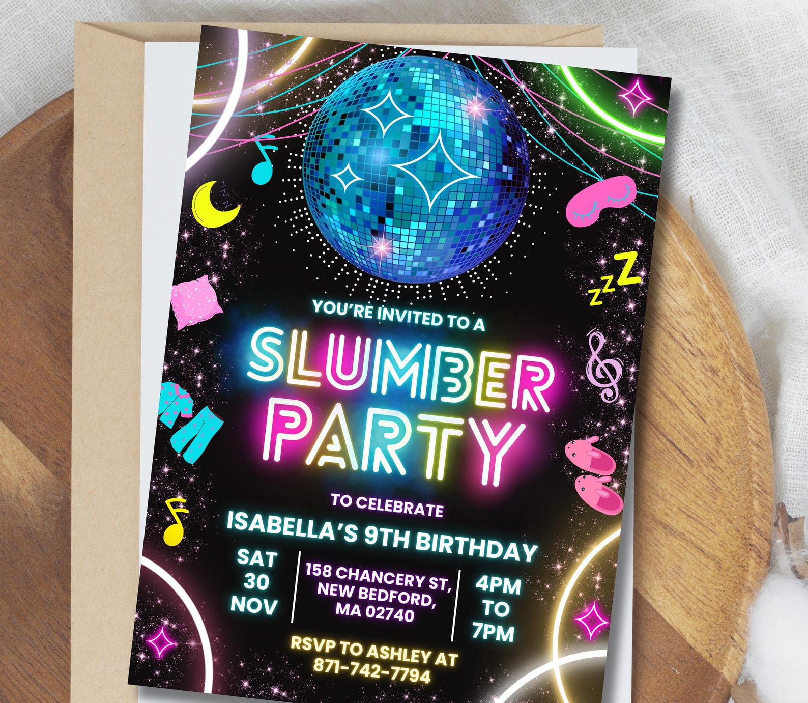 Editable Neon Sleepover Birthday Invitation, Sleepover Pajama Party ...