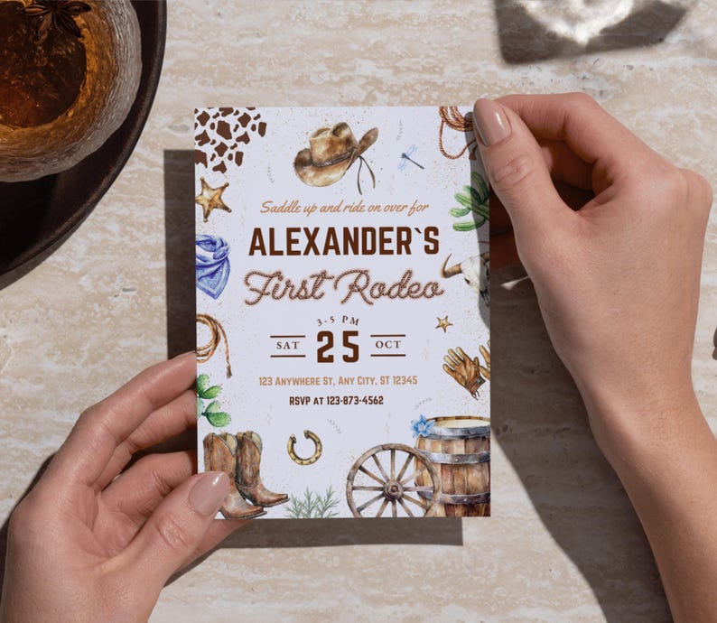 Editable First Rodeo Cowboy Birthday Invitation, Cowboycore Hat Saddle ...