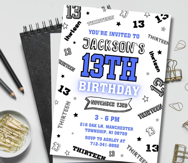 Thirteen Birthday Invitation, 13th Birthday Invite, Modern Birthday ...