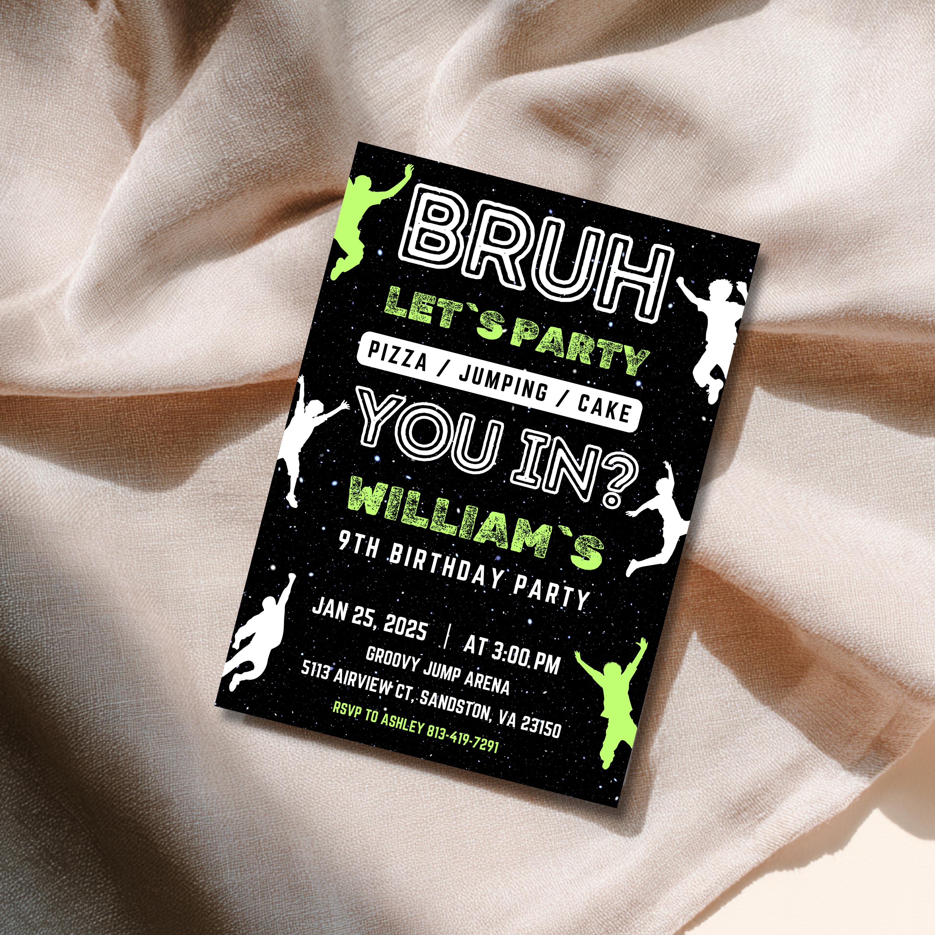 Trampoline Birthday Invitation, Neon Bruh Jump Party, Jumping Park ...